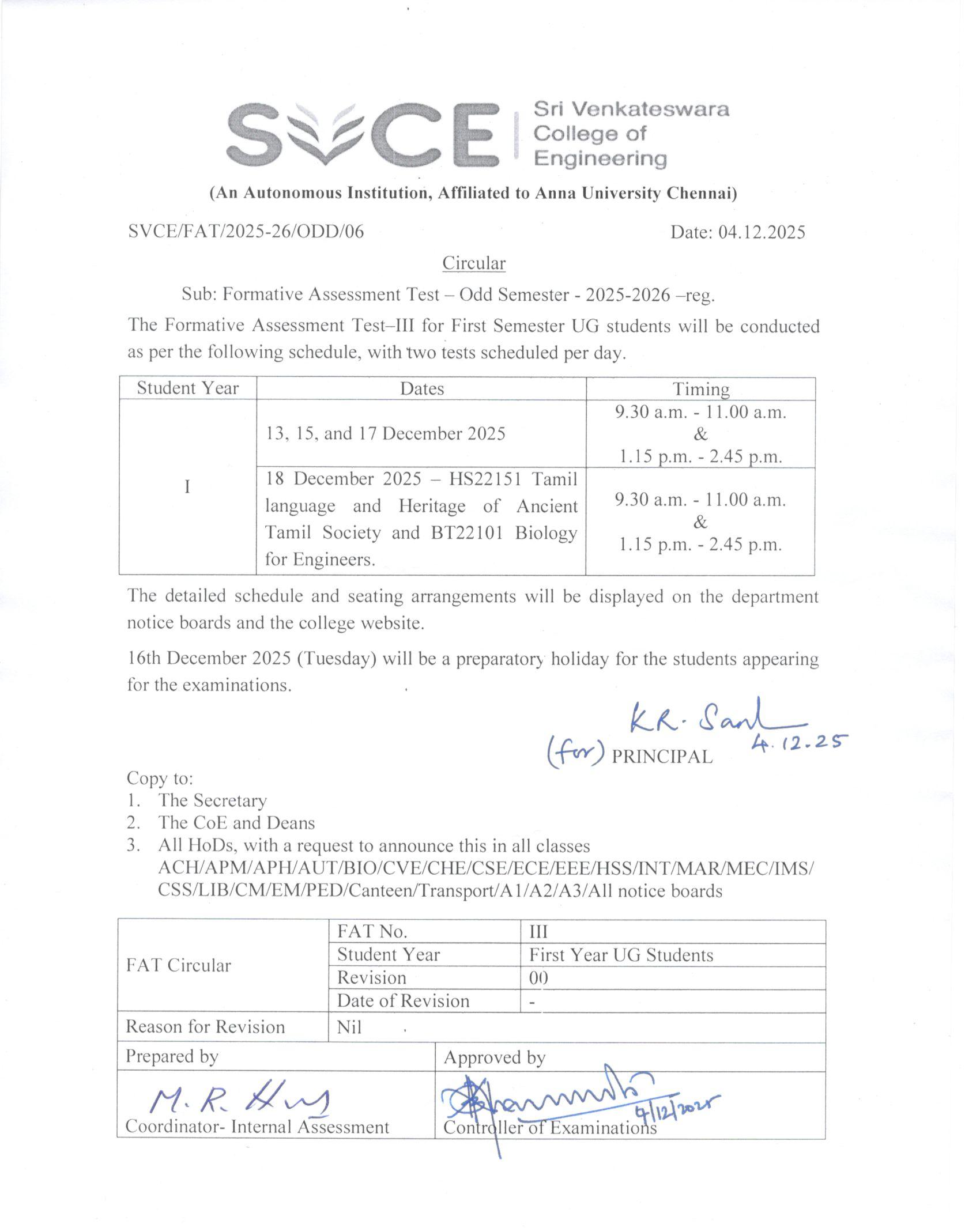Circular – Formative Assessment Test – III for First Semester UG ...